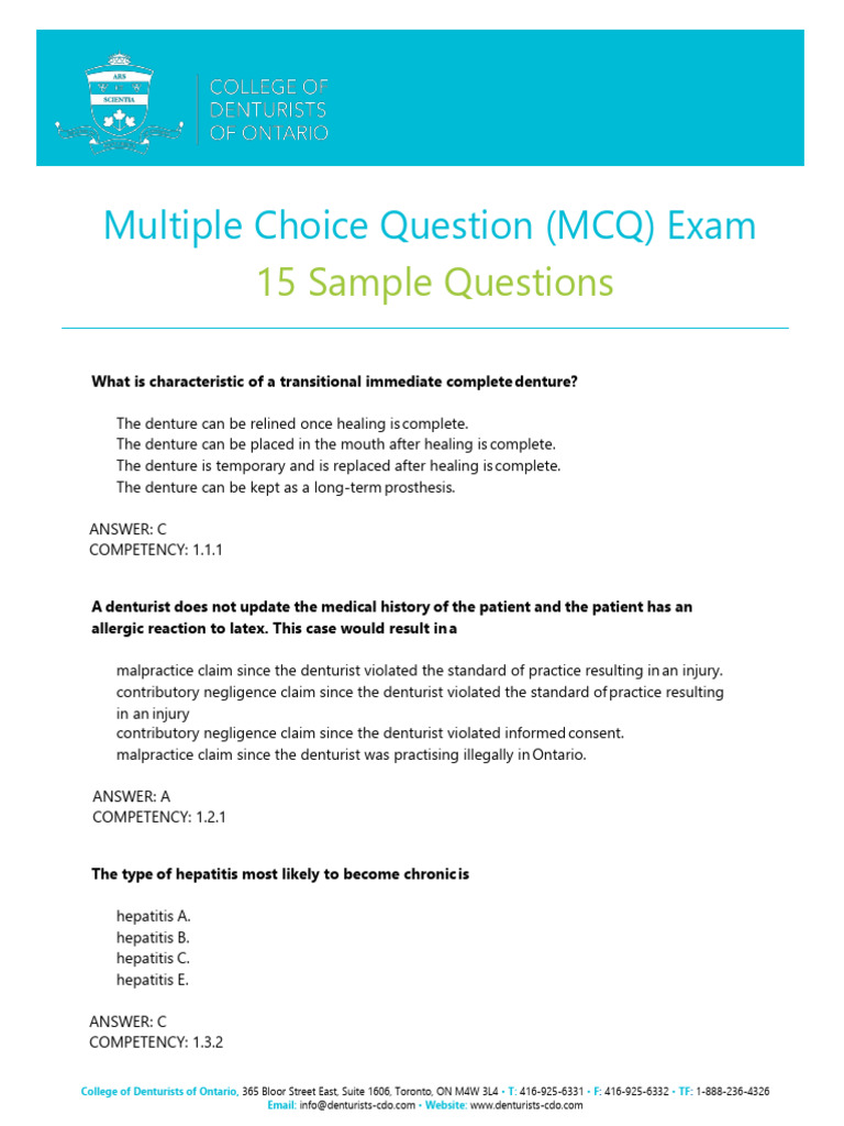 MCQ 15 Sample Questions | PDF | Dentures | Dentistry Branches