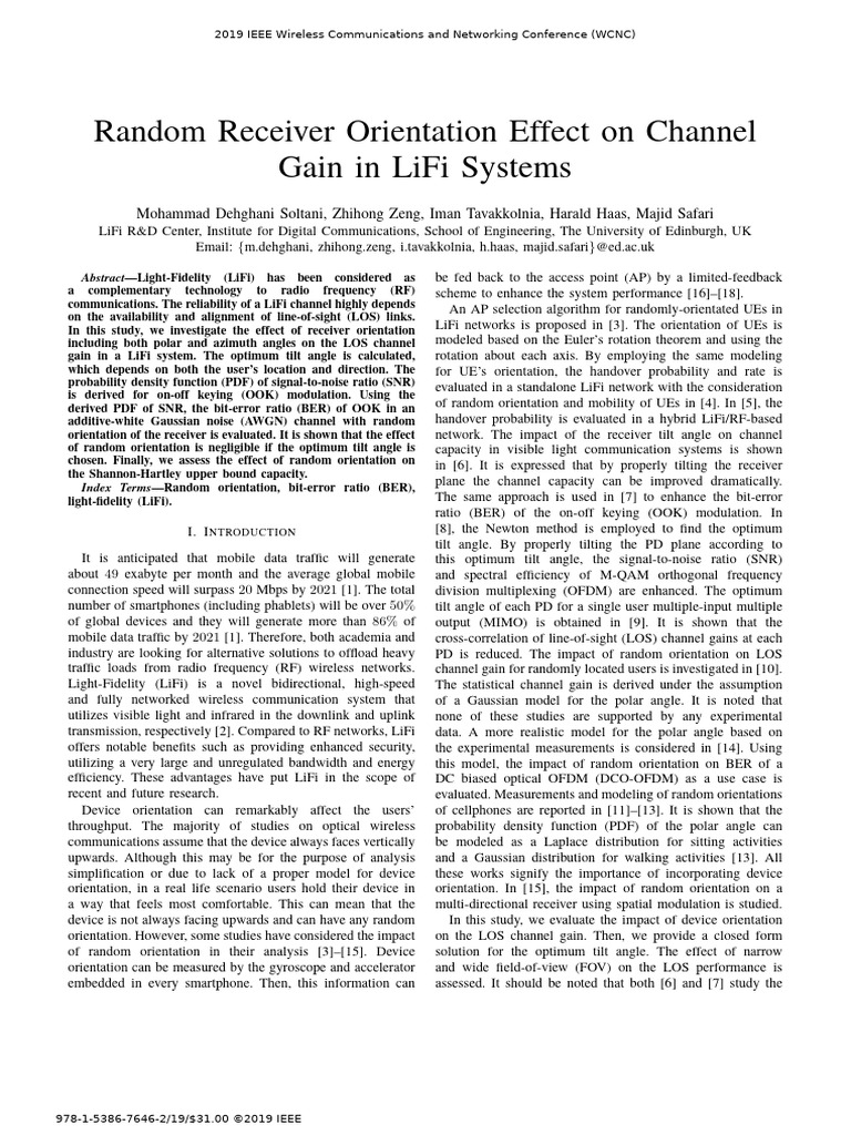 Random Receiver Orientation Effect On Channel Gain in LiFi Systems ...