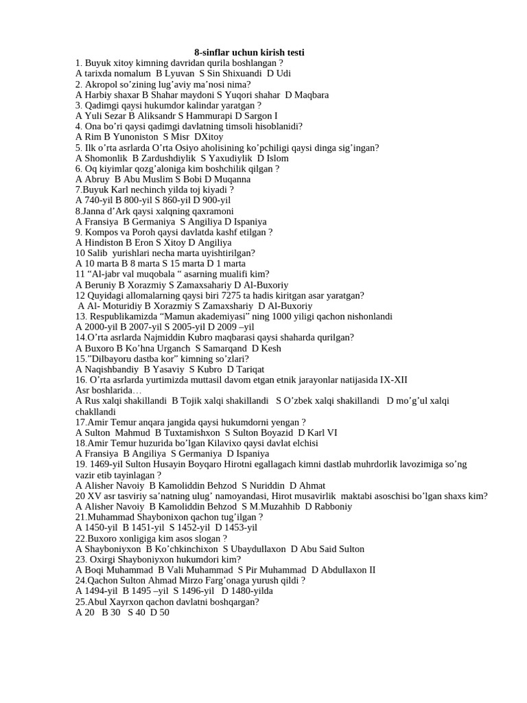 8 Sinf Tarix Fanidan Testlar 1 | PDF