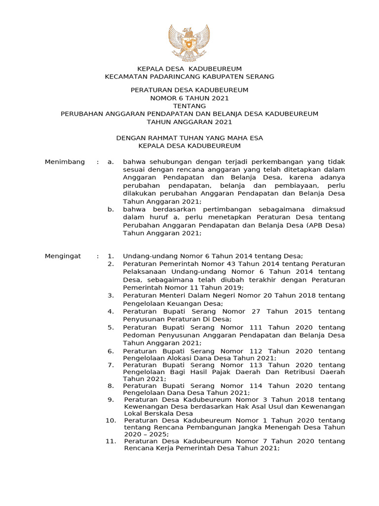 Rancangan Perdes APBDes 2021 | PDF | Griya & Taman