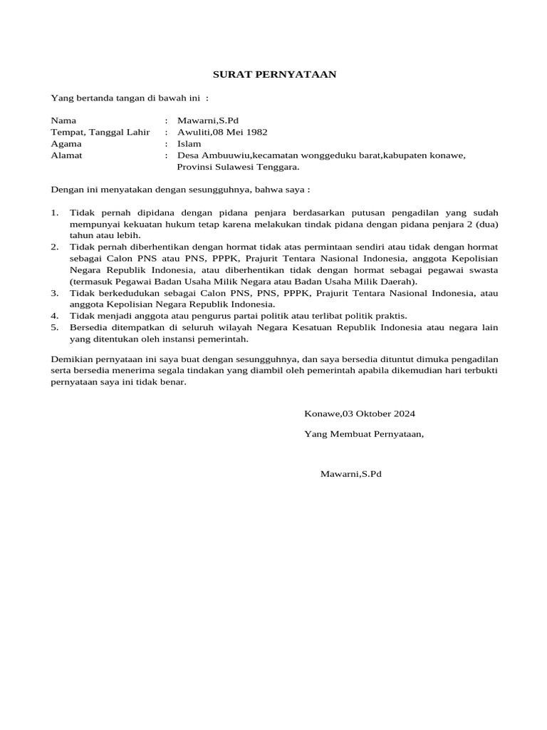 Format - Surat - Lamaran - PPPK (1) Konawe 2024 | PDF