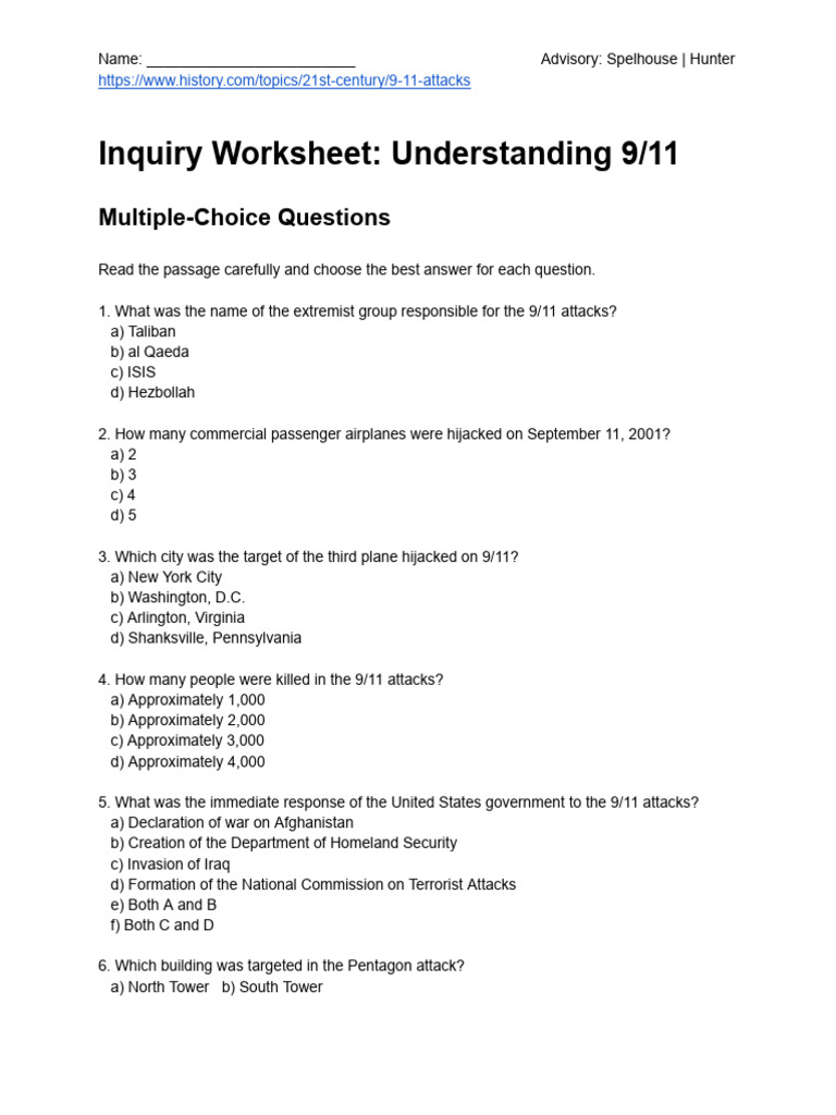 Inquiry Worksheet - Understanding 9 - 11 | PDF | September 11 Attacks ...