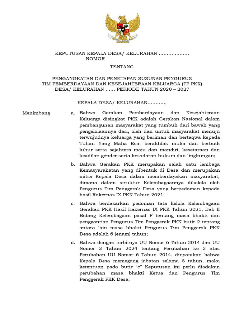 Contoh SK Pengangkatan Dan Penetapan Pengurus PKK Desa | PDF
