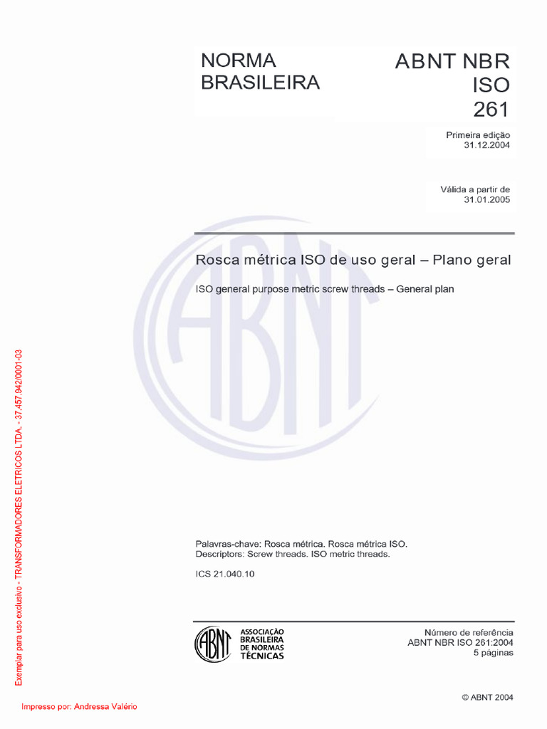 ABNT - NBR - 261 - Rosca Metrica ISO de Uso Geral | PDF