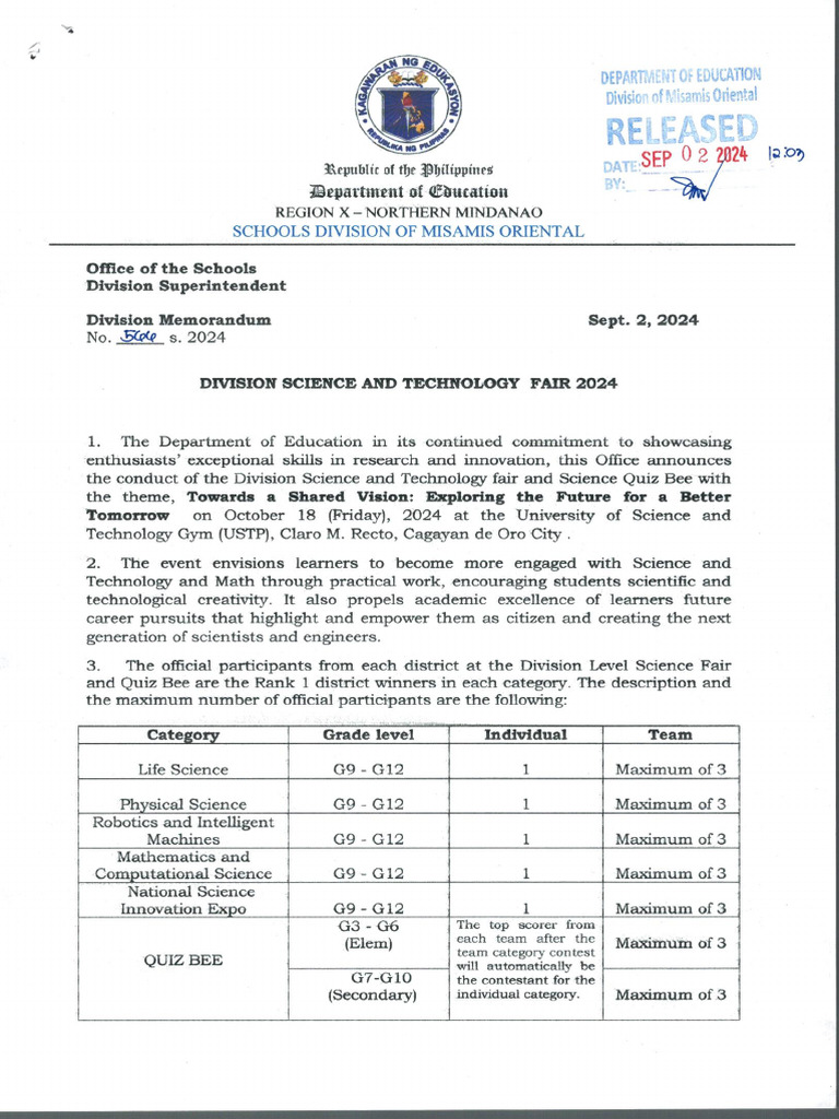 DM - 566 - S - 2024 Division Science and Technology Fair 2024 | PDF