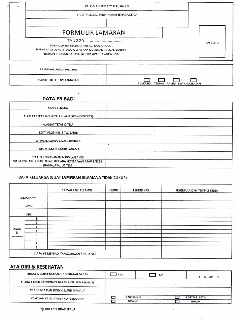 Formulir Lamaran Kerja Lengkap | PDF