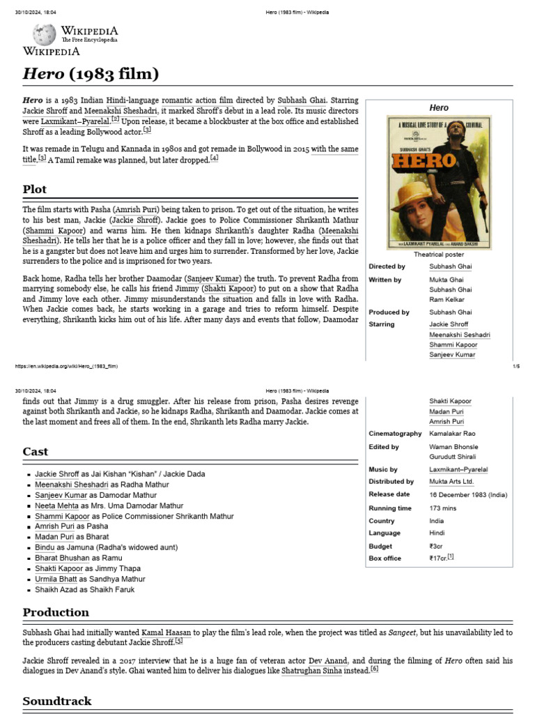 Hero (1983 Film) - Wikipedia | PDF | Cinema Of India | Film Production ...