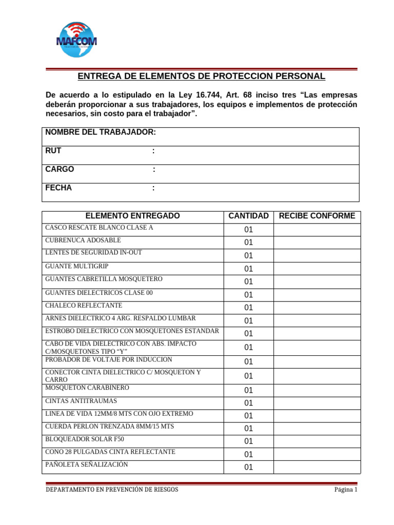 Entrega de EPP Tecnicos MAFCOM | PDF