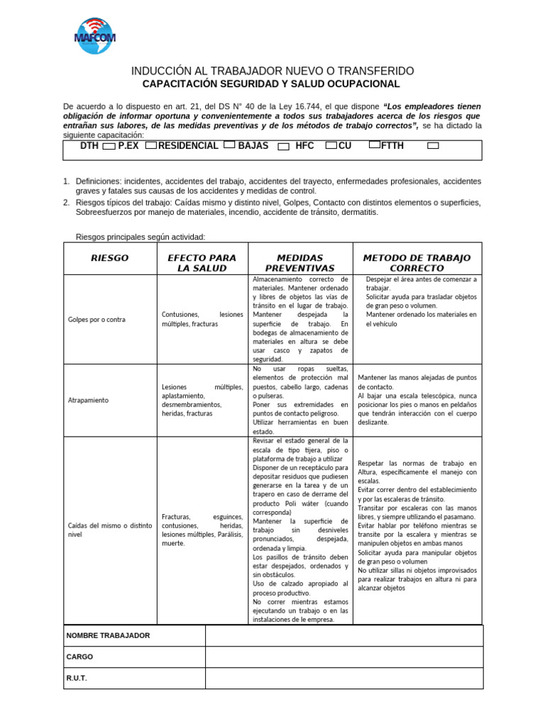 ODI Al Trabajdor Nuevo MAFCOM LTDA | PDF | Guante | Seguridad y salud ...