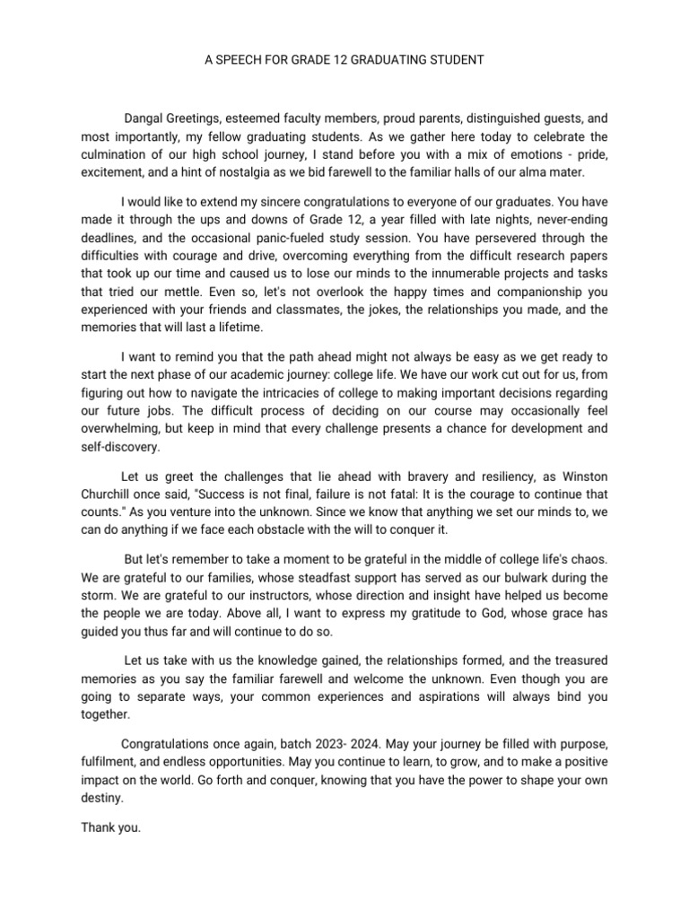 Sample Grade 12 Graduation Speech | PDF | Courage