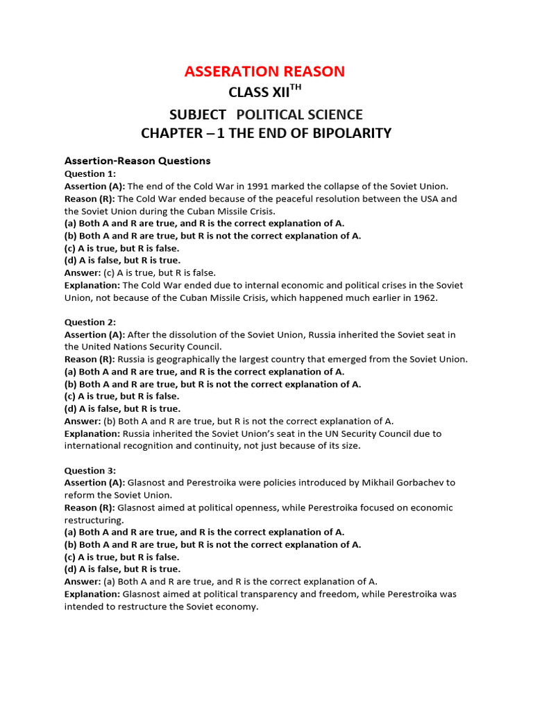 Class 12 Asseration Reason Political Science CHP 1 (2024-25) | PDF
