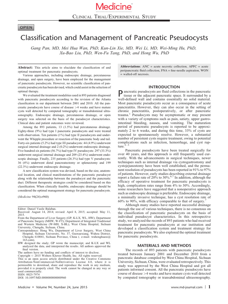 Classification and Management of Pancreatic Pseudocysts | PDF | Medical ...