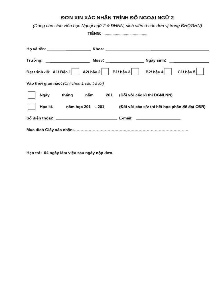 Đơn Xin Xác Nhận Trình Độ NN2 Cho Các Trg | PDF
