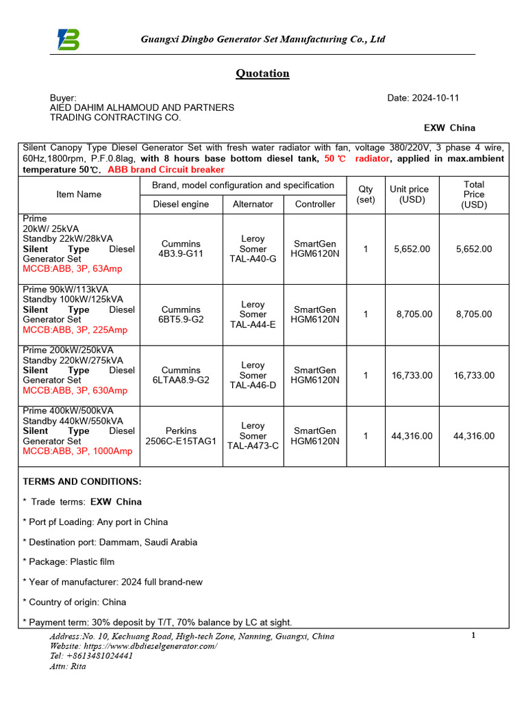 Diesel Generator Sets Quotation 2024 | PDF | Electricity | Electrical ...