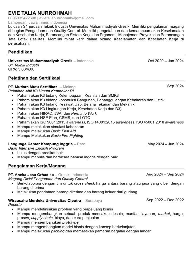 Evie Talia Nurrohmah CV K3 | PDF | Bisnis