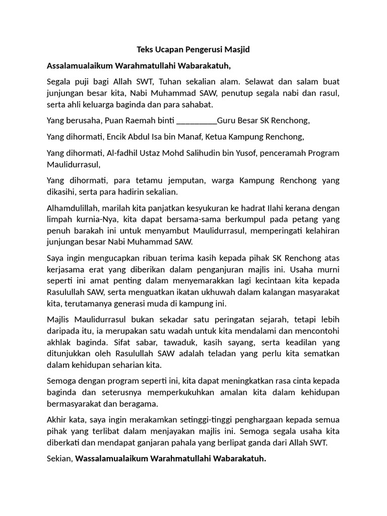 Ucapan Pengerusi Masjid Maulidurrasul | PDF | Agama & Spiritualitas