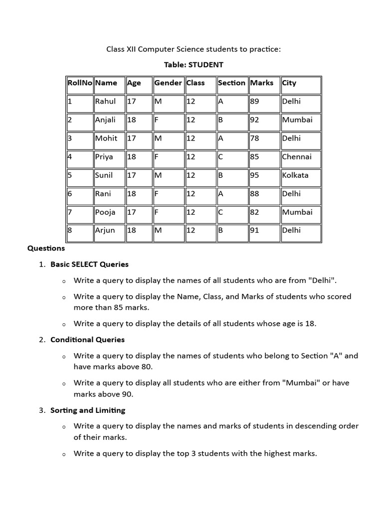 Class XII Computer Science Mysql Queries Question For Practice | PDF