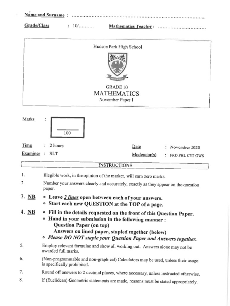 Grade 10 2020 November Maths Paper 1 | PDF