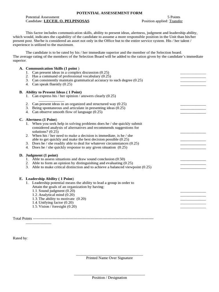 Potential Assessement Form | PDF | Leadership | Communication