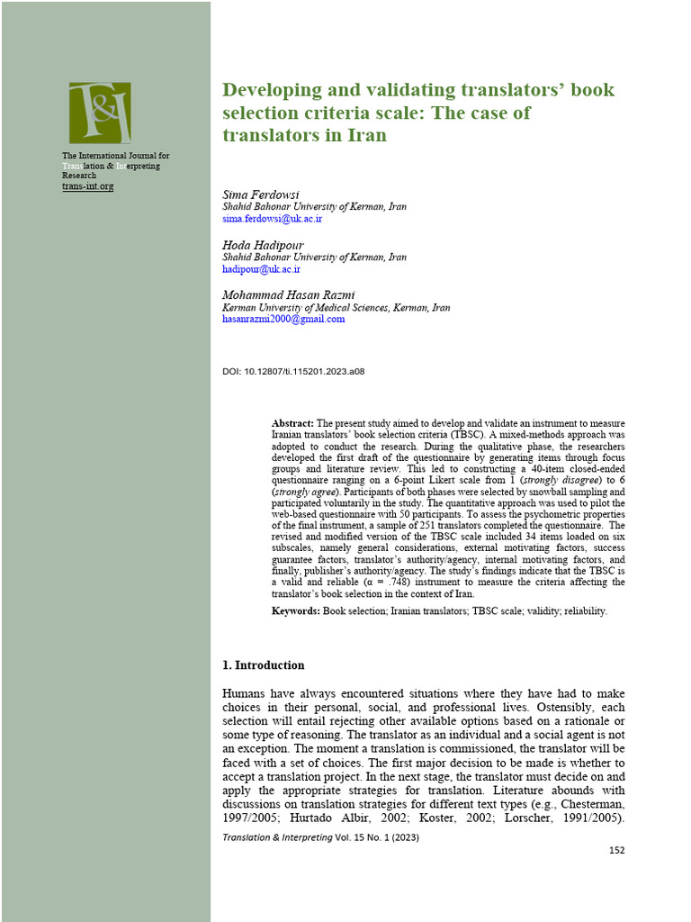Transint, Ferdowsi Et Al (Final) | PDF | Translations | Validity (Statistics)