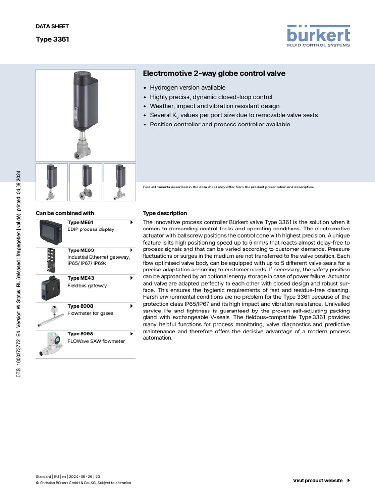Burkert - Válv.3361 NF DN40 316-VI NPT1.1-2 4-20ma | PDF | Valve