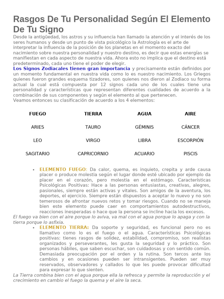 Rasgos de Tu Personalidad Según El Elemento de Tu Signo | PDF | Zodíaco | Astrología