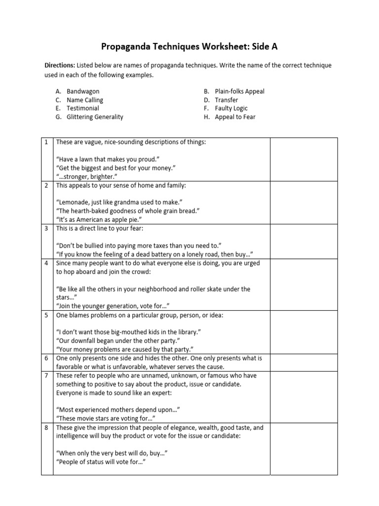 Propaganda Techniques Worksheet | PDF