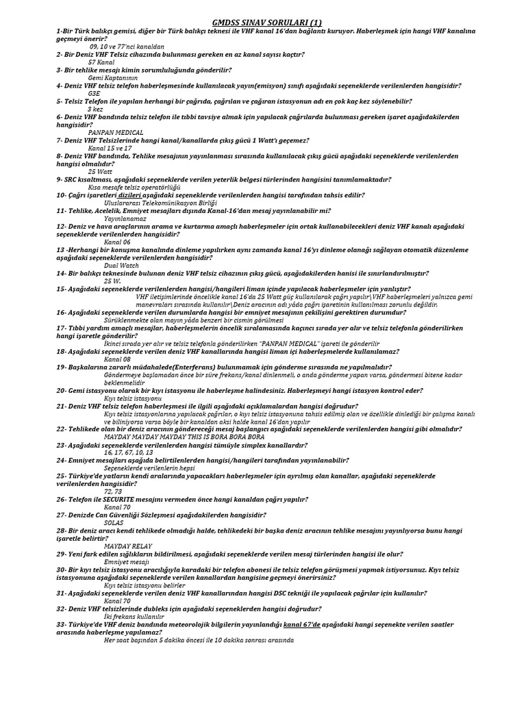 09, 10 Ve 77'nci Kanaldan 57 Kanal: Gmdss Sinav Sorulari | PDF
