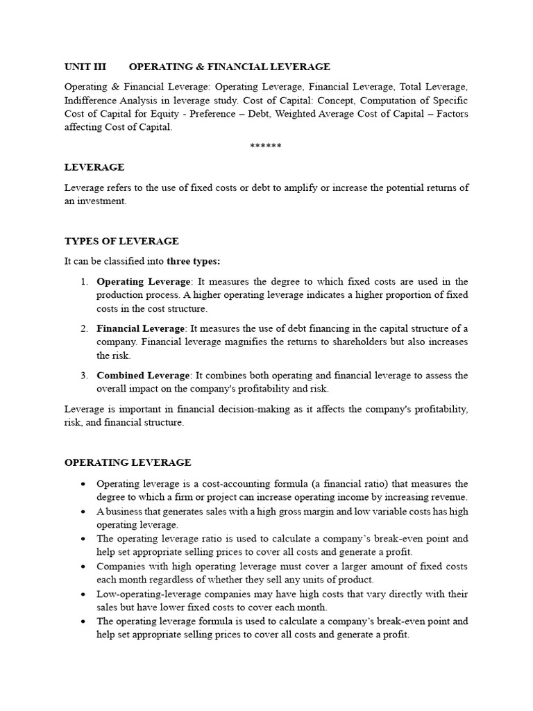 UNIT 3 - OPERATING AND FINANCIAL LEVERAGE | PDF | Cost Of Capital | Leverage (Finance)