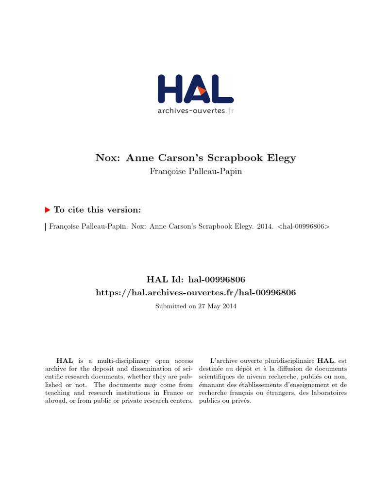 PALLEAU-PAPIN, FranÇoise. Nox - Anne Carson’s Scrapbook Elegy | PDF ...