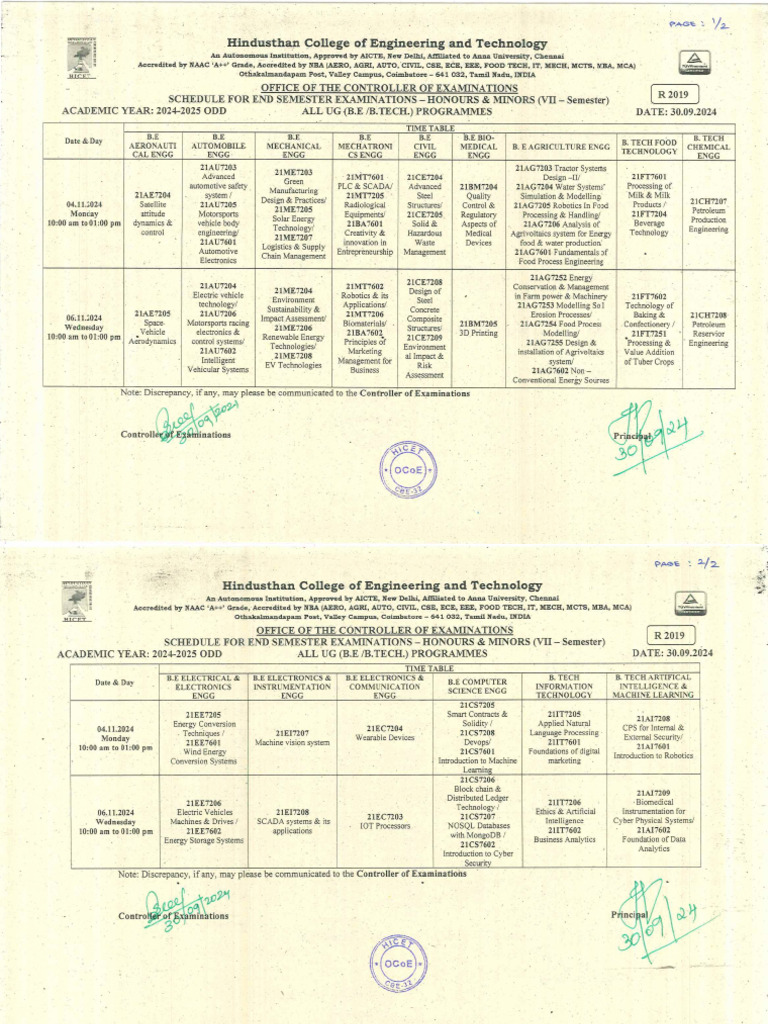 Ese-Schedule - Novdec-2024 - Batch 2021 - VII Semester - Honours & Minors - All Ug Programmes | PDF