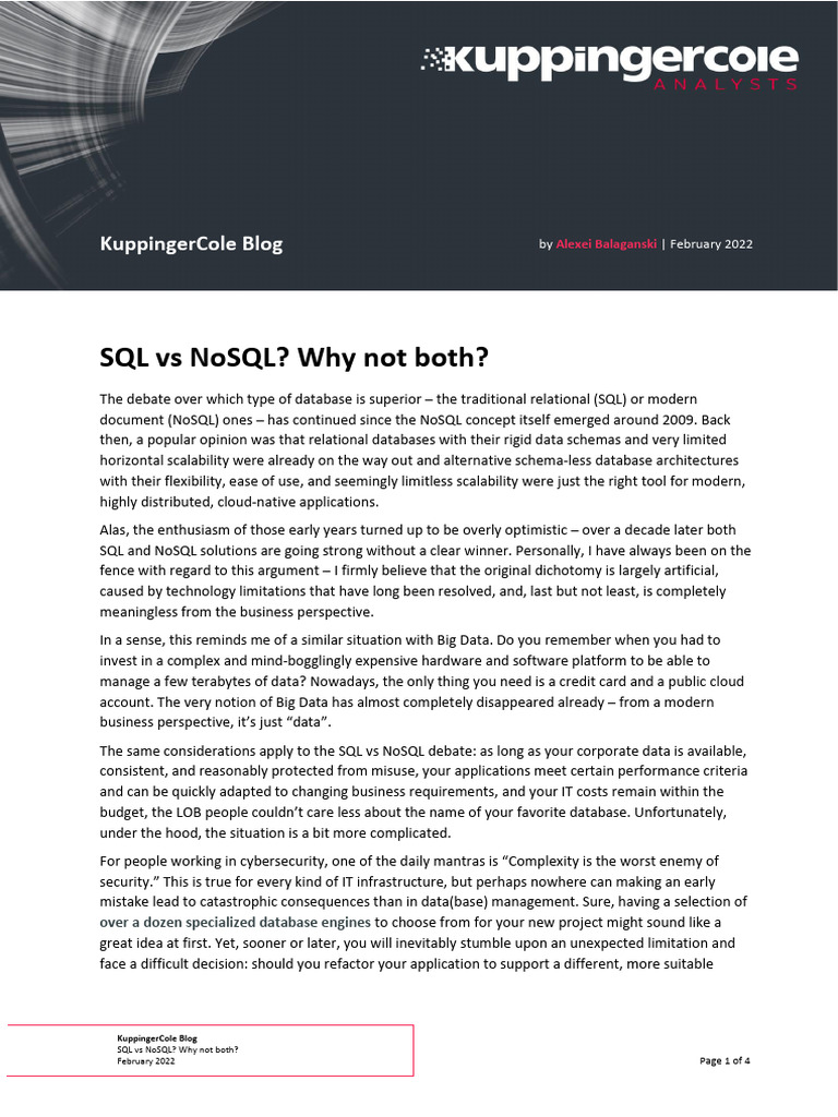 kuppingercole-sql-vs-nosql-report | PDF | No Sql | Databases