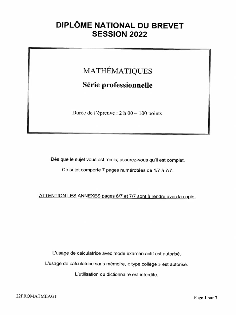 Sujet DNB Pro Metropole 2022 | PDF