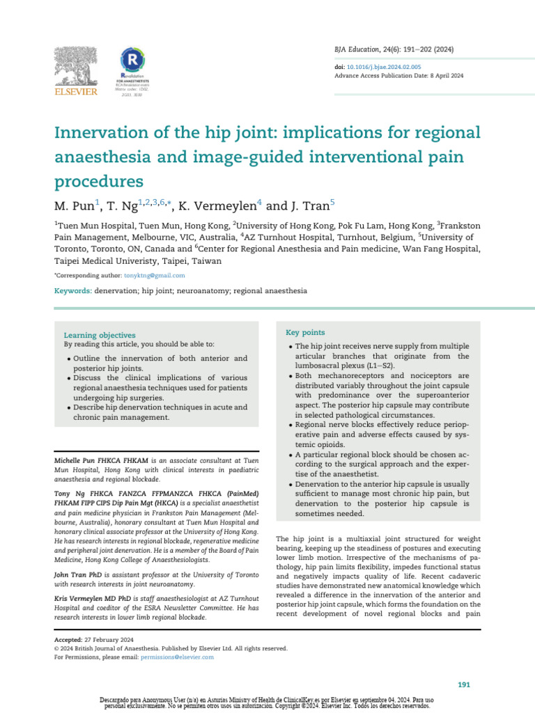 Innervation of The Hip Joint: Implications For Regional Anaesthesia and ...