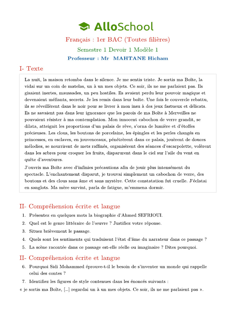 Francais 1bac Semestre 1 Devoir 1 Modele 1 12 | PDF