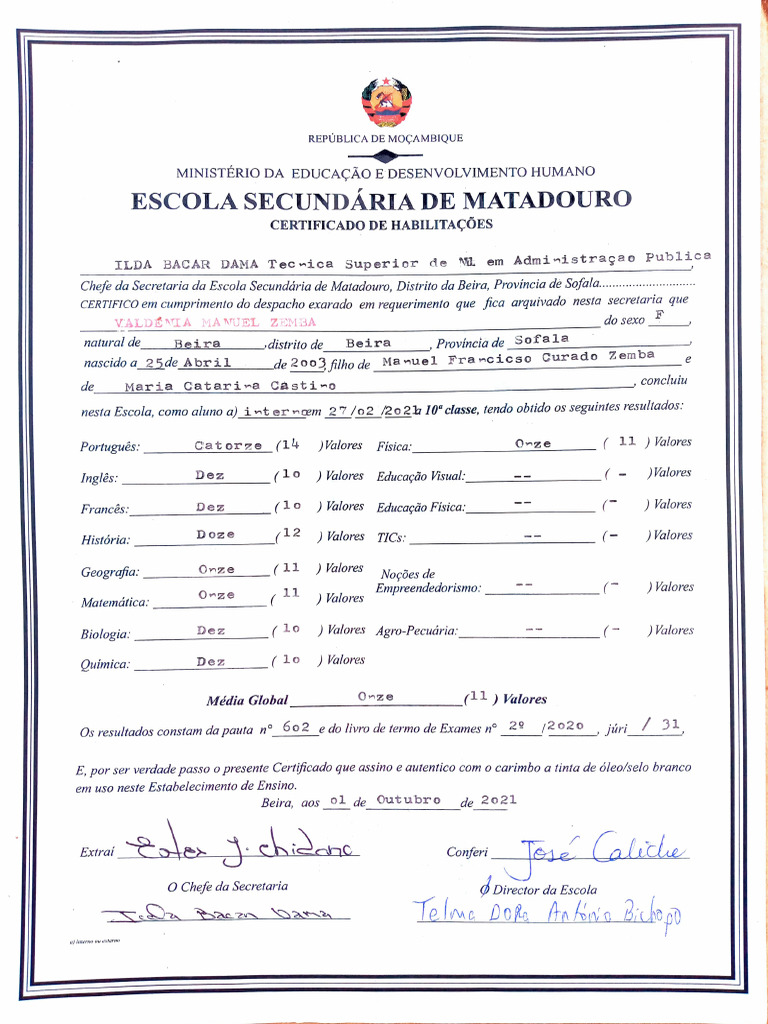Certificado_de_10_Classe-Valdenia | PDF