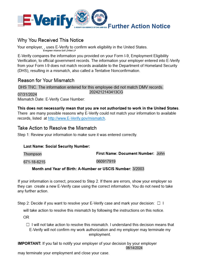 E-Verify Mismatch Resolution Notice | PDF | E Verify | Human Rights