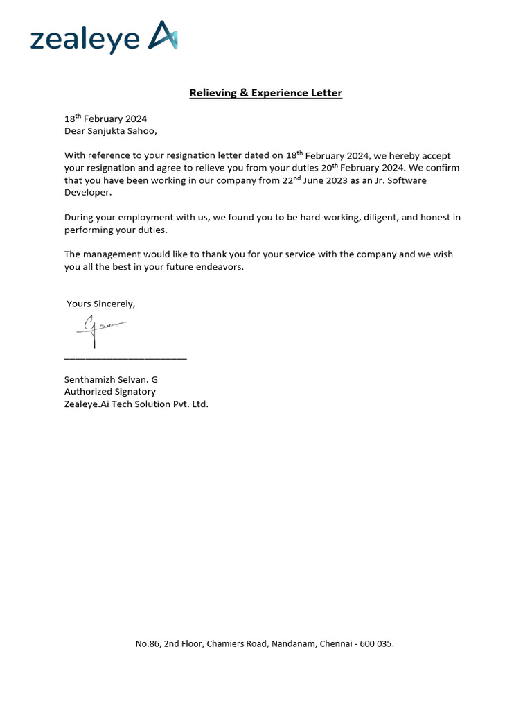 Sanjukta - Relieving & Experience Letter | PDF