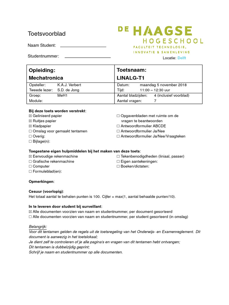 Hertentamen LINALG-T1 5nov2018 | PDF