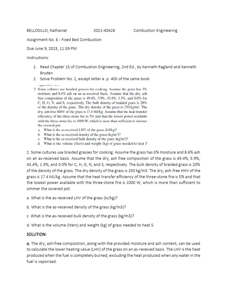 Assignment No. 6 - Fixed Bed Combustion - Bellosillo | PDF | Combustion | Chemistry