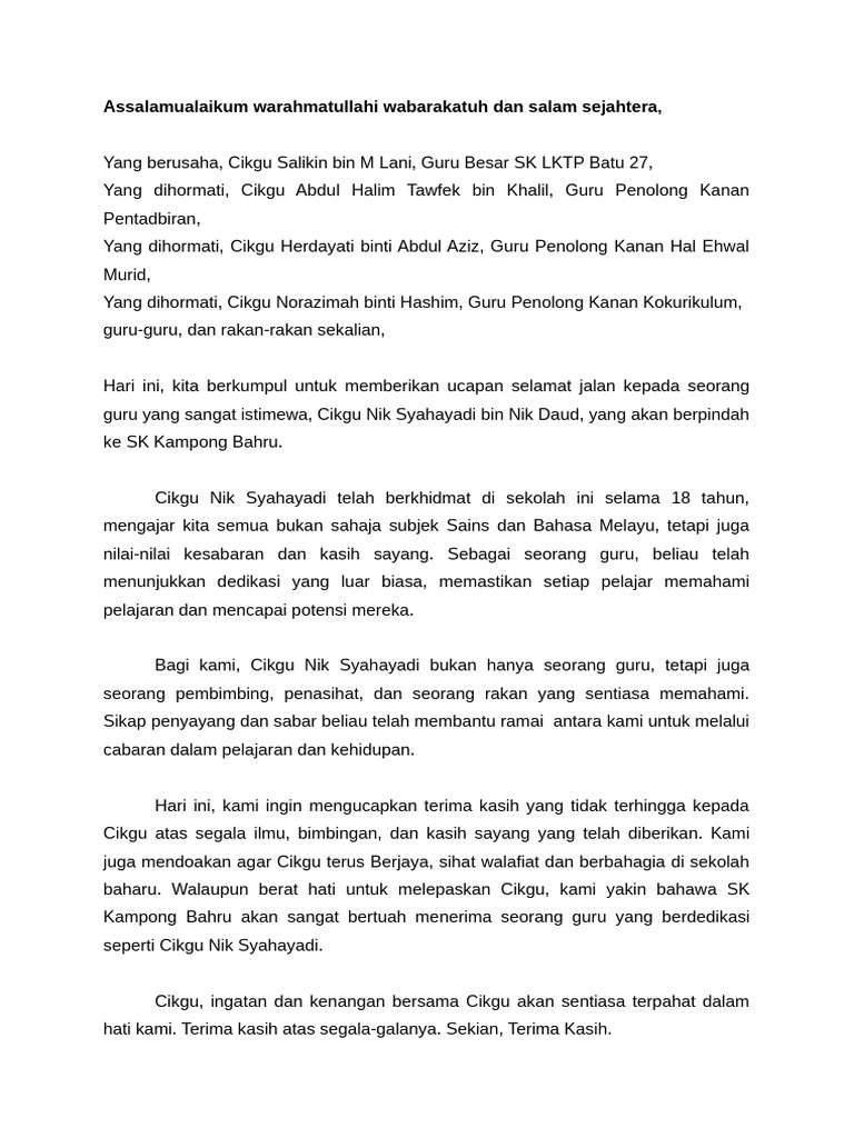 Teks Ucapan Perpisahan Nik | PDF