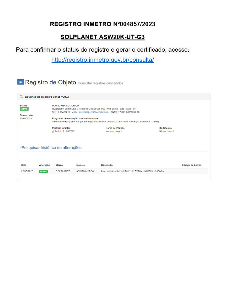 (SOLPLANET) Certificado INMETRO - ASW20K-UT-G3 | PDF