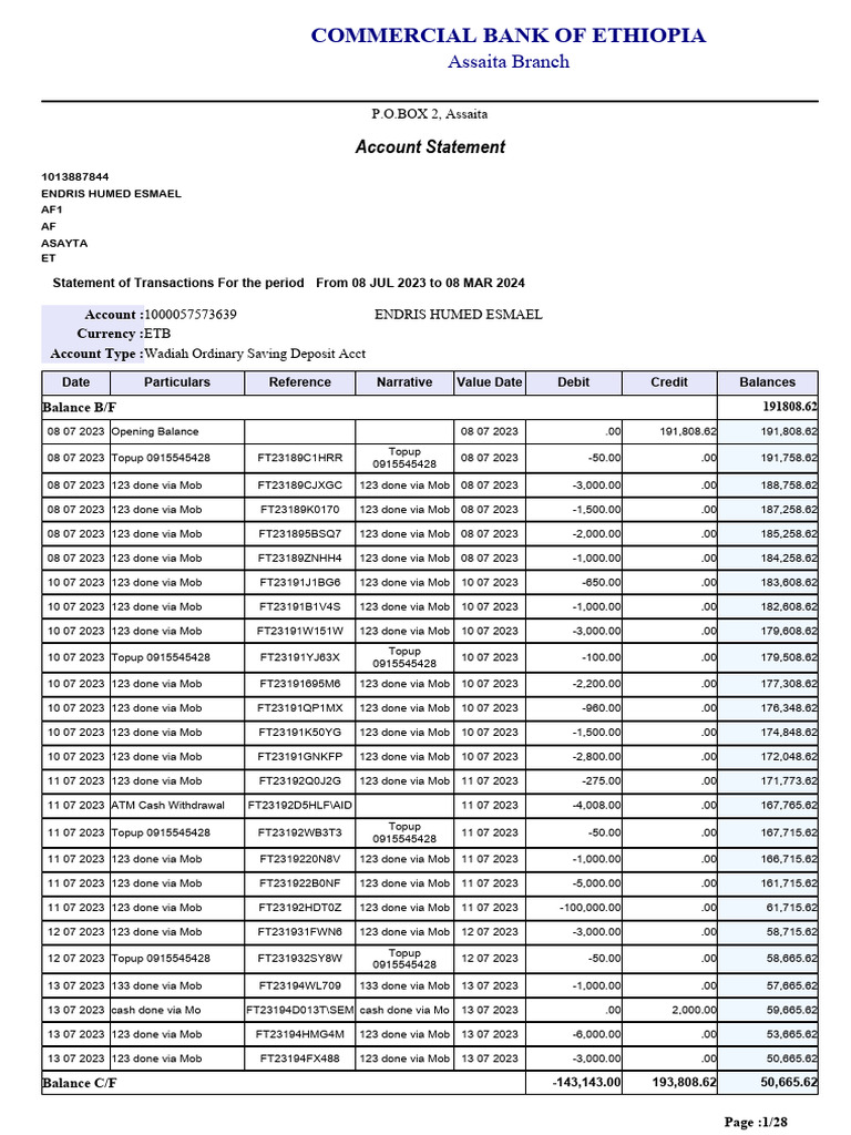 Commercial Bank of Ethiopia: Account Statement | PDF | Cash | Automated Teller Machine