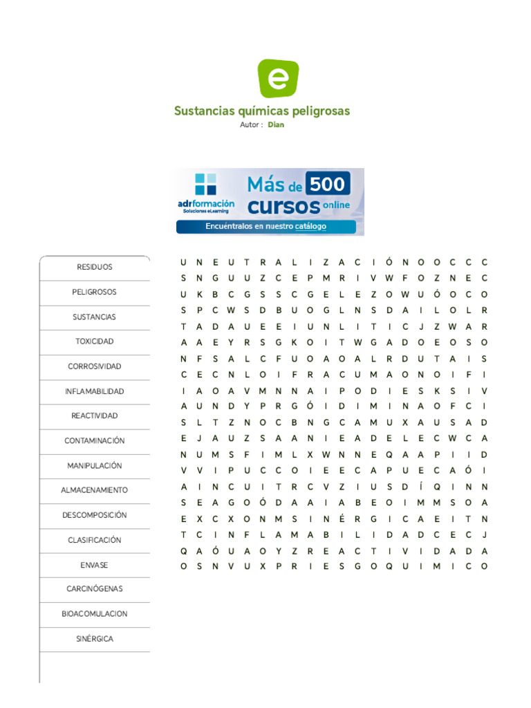 Sopa de Letras - Sustancias Químicas Peligrosas | PDF | Contaminación ...