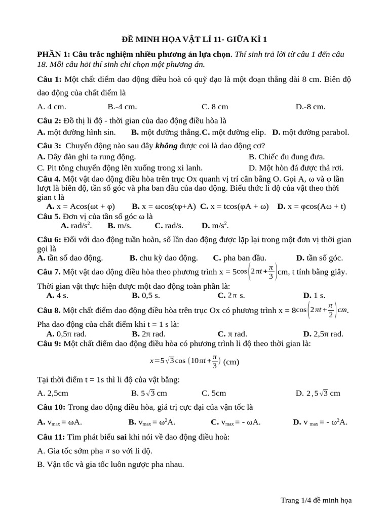 Đề Minh Họa Lý 11 Gk1 | PDF