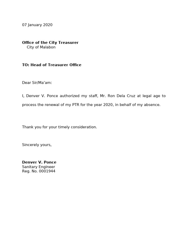 Authorization Letter - PTR 2020 - Sanitary | PDF