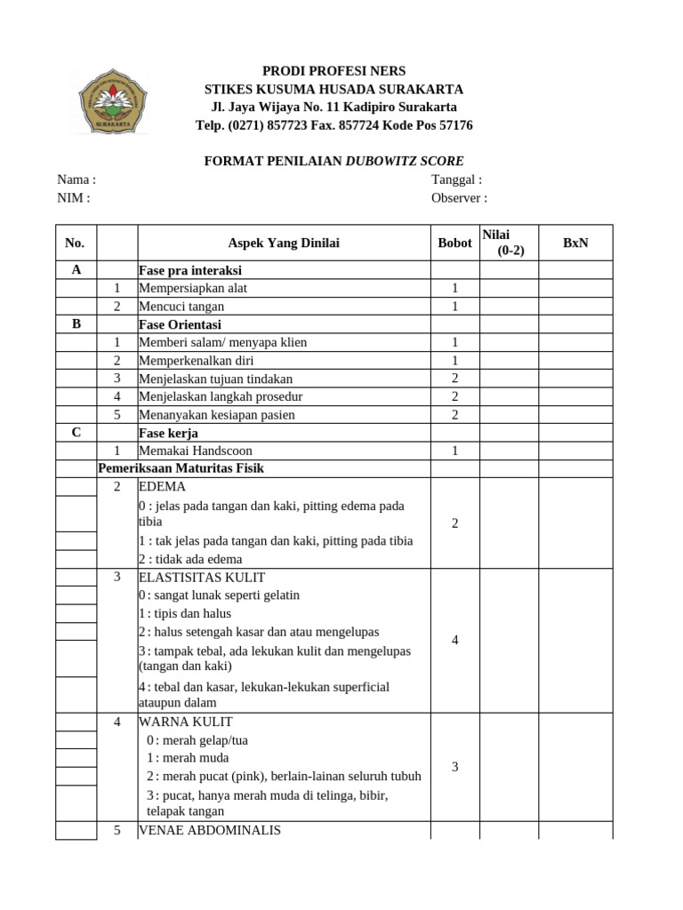 Tool Tindakan Dubowitz Score | PDF