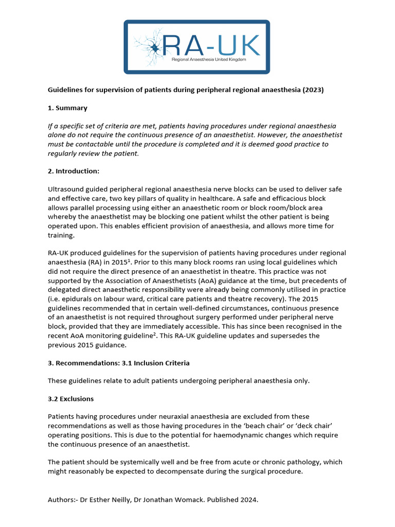Guidelines For Supervision of Patients During Peripheral Regional ...
