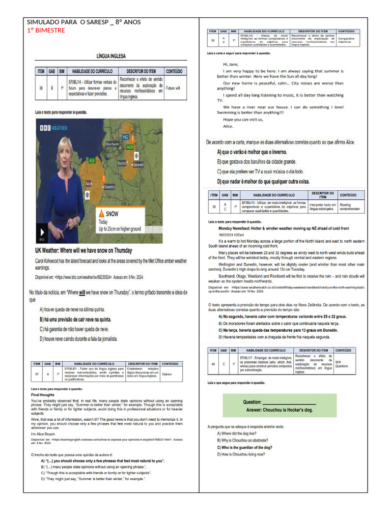 Simulado 8º Anos Saresp | PDF