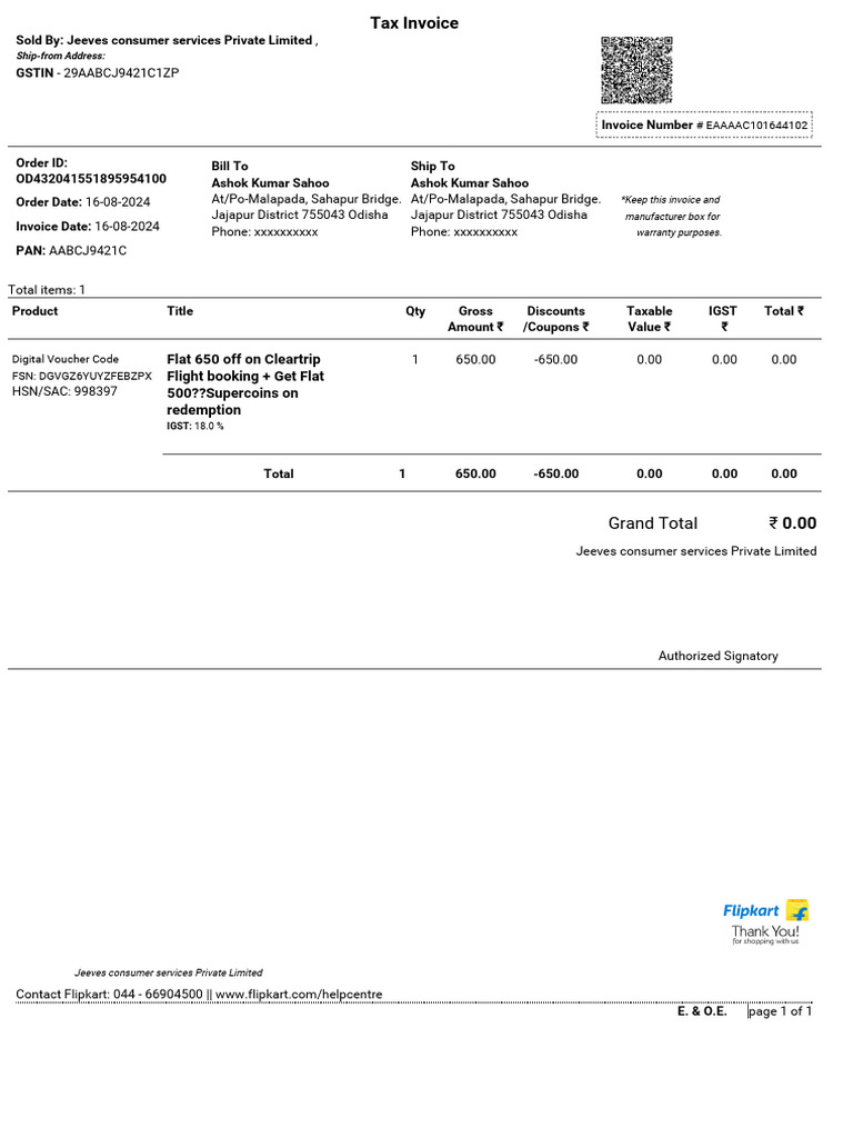 Invoice for Ashok Kumar Sahoo | PDF | Payments